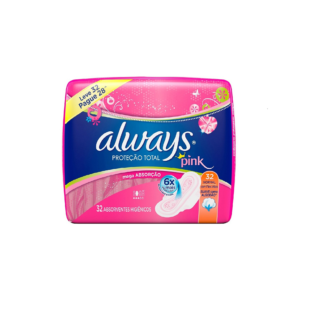ABSORVENTE ALWAYS PINK COM ABAS LEVE 32 PAGUE 28 UNIDADES | Drogão Super