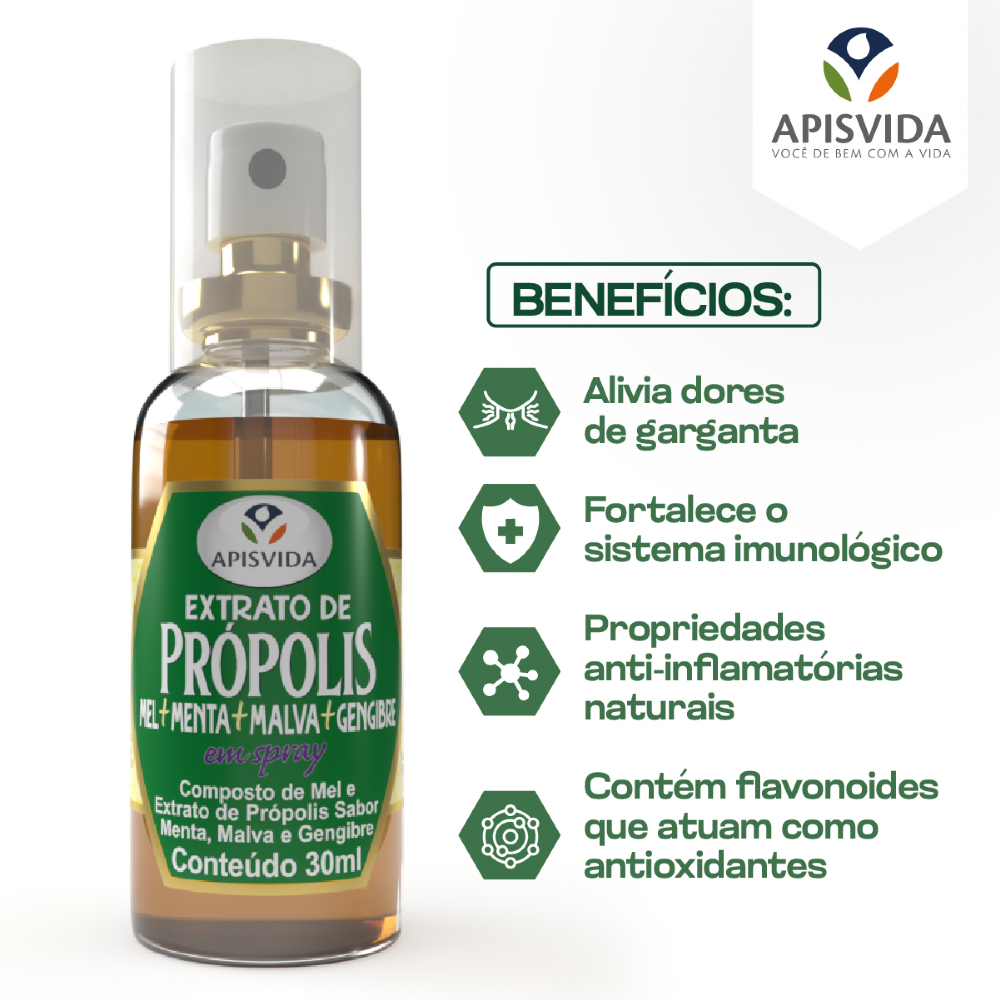 SPRAY PARA GARGANTA PRÓPOLIS E GENGIBRE APISVIDA SABOR MENTA 30ML ...