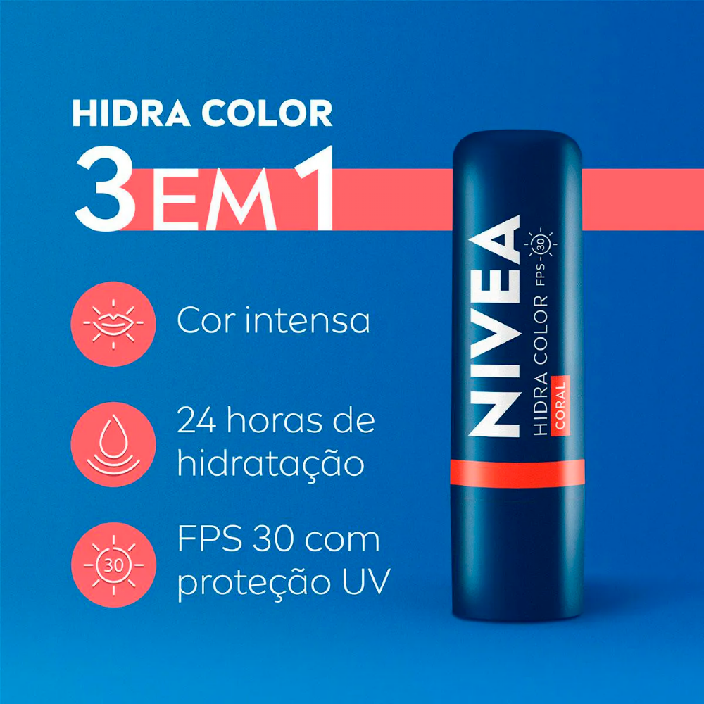 PROTETOR LABIAL NIVEA HIDRA COLOR CORAL FPS30 4.8G | Drogão Super